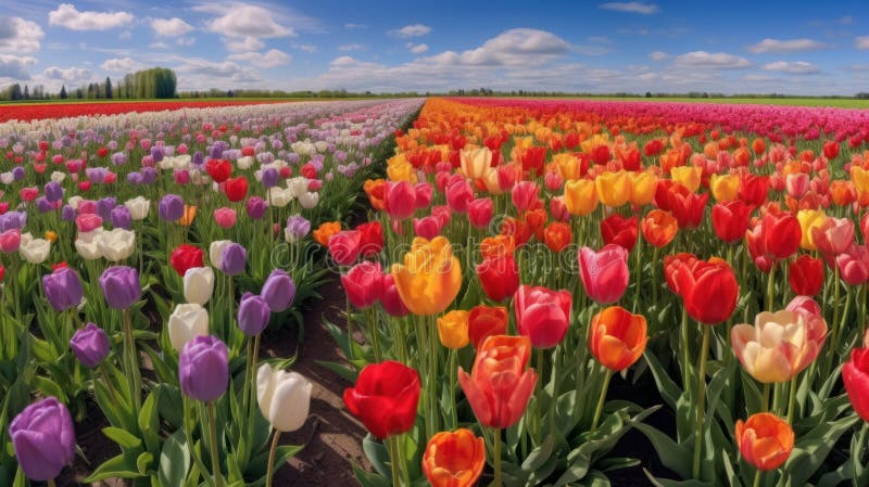 Tulip farm field stock image. Image of landscape, green - 278343597