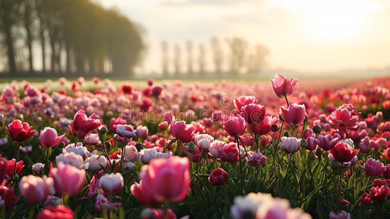Tulip Field in the Netherlands at Sunset. Spring Landscape Stock ...