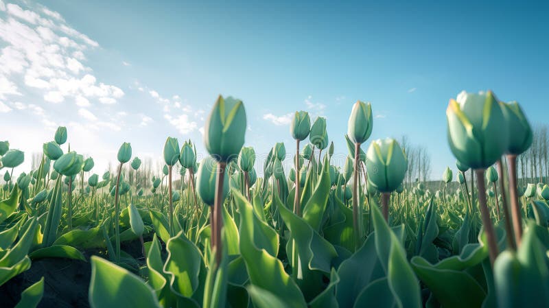 Tulip Field in Spring Time with Blue Sky and White Clouds Stock ...
