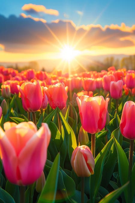 Tulip Field with Sun, Sunset Stock Image - Image of rural, tulip: 341574029