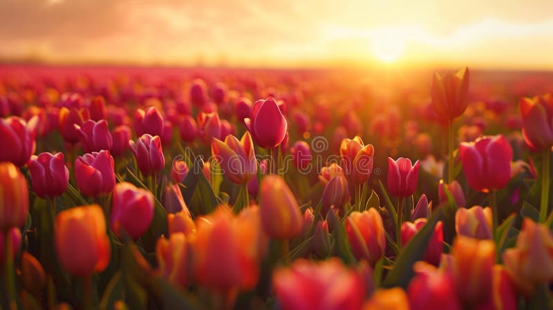 Tulip Field with Sun, Sunset Stock Photo - Image of flora, blossom ...