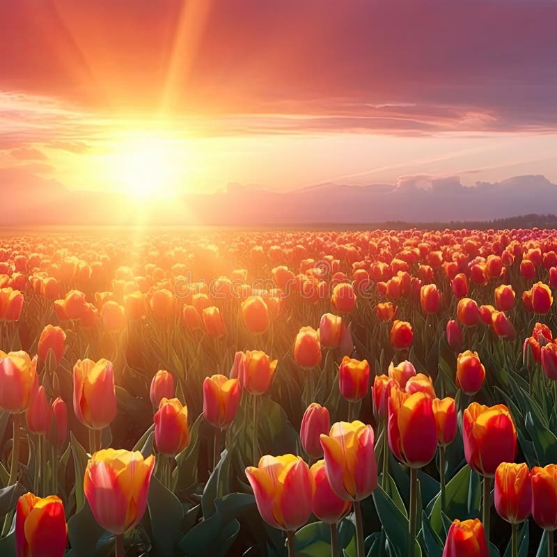 Tulip Field at Sunset - Beautiful Spring Landscape Stock Photo - Image ...