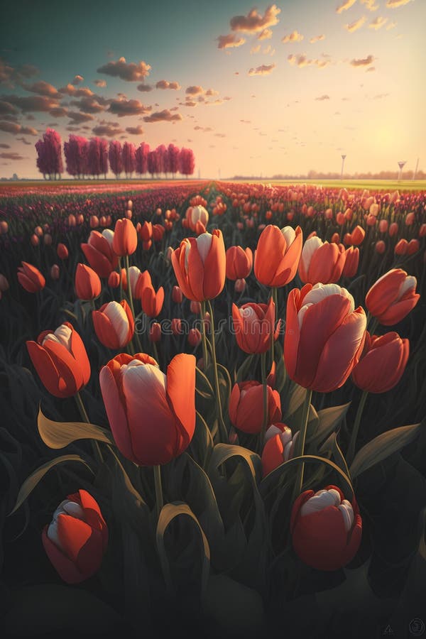 Tulip Field at Sunset. Spring Landscape Stock Illustration ...