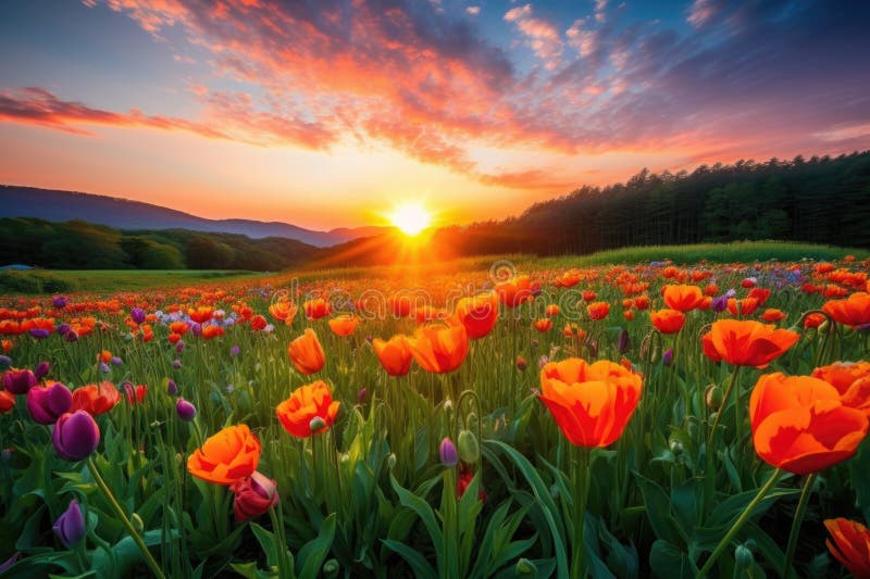 Tulip Field at Sunset, with the Sun Setting Behind the Colorful Blooms ...