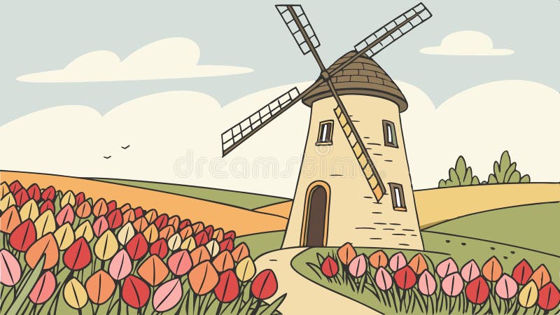 Tulip Field and Windmill, Dutch Landscape and Spring Scenery View ...