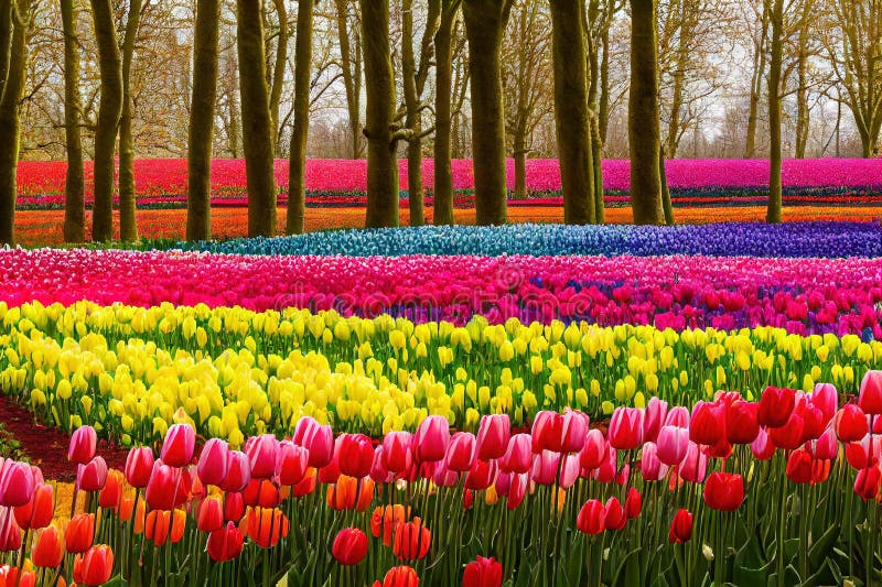 Tulip Flower Planted in Strip among Trees for Beauty. Stock ...