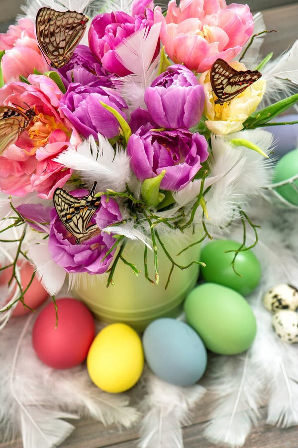 Tulip Flowers Easter Eggs Spring Blossoms Vintage Decoration Stock ...