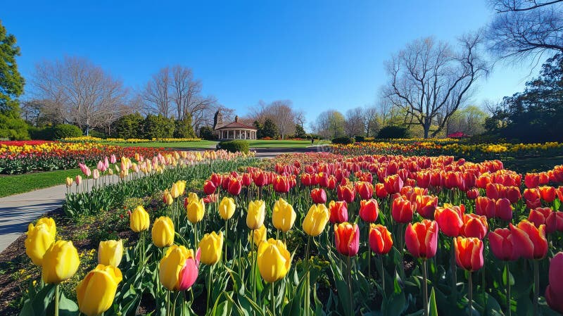 Tulip Garden with Rows of Red, Yellow, and Pink Tulips Stock Photo ...