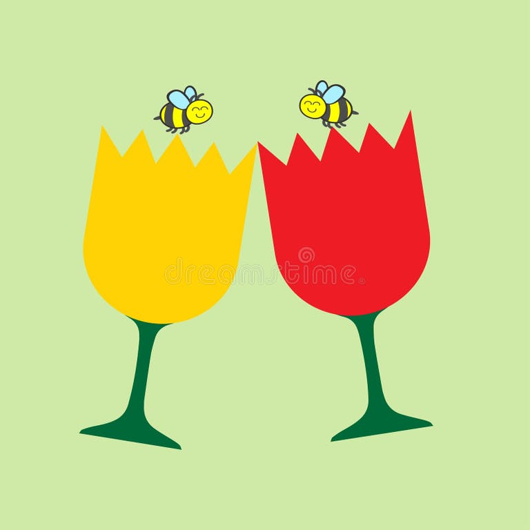 Red and Yellow Tulip Glasses with Bees Around, Spring Concept Stock ...