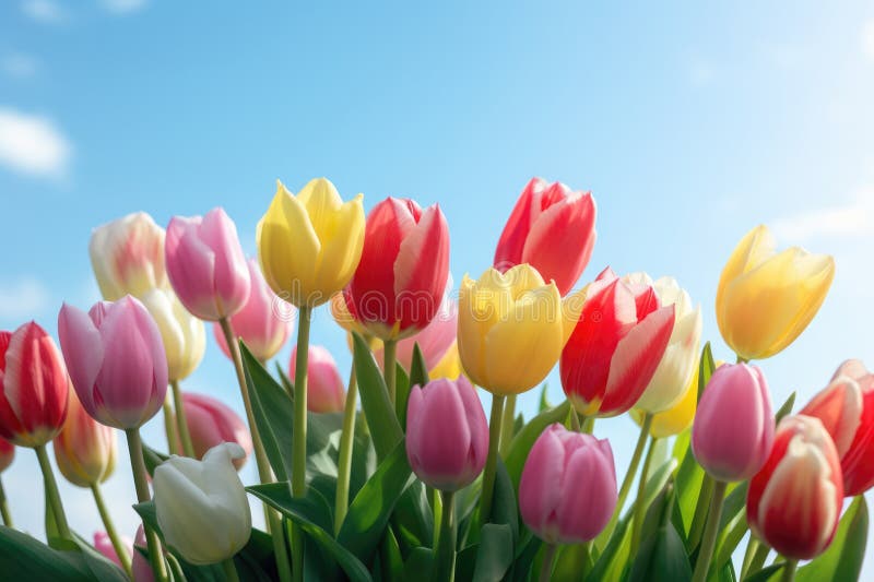 Tulip with Variable Colors and Blue Sky in Spring. Spring Seasonal ...
