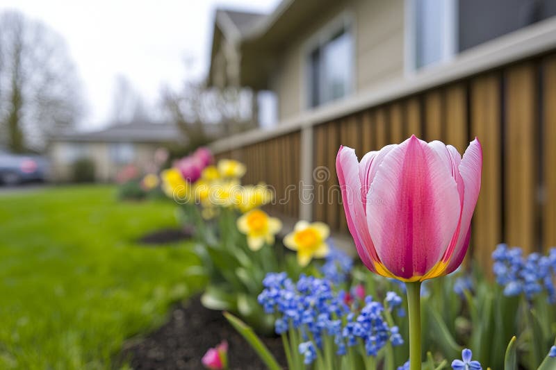 Tulips. a Bright Front Yard Garden with Colorful Tulips Bathed in ...