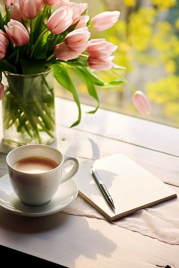 Tulips and Coffee on a Sunny Morning Table. Stock Illustration ...