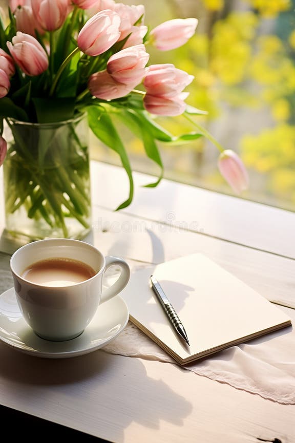 Tulips and Coffee on a Sunny Morning Table. Stock Illustration ...