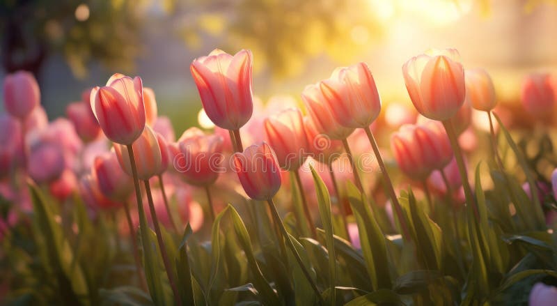 Tulips are in a Field with Sunlight Streaming through the Branches ...