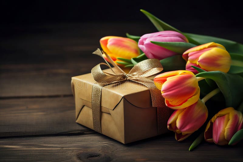 Tulips on Gift Box. Generative AI Stock Illustration - Illustration of ...