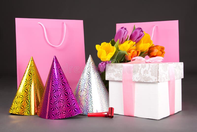 Tulips, Gift Boxes and Birtday Hats Stock Image - Image of color ...