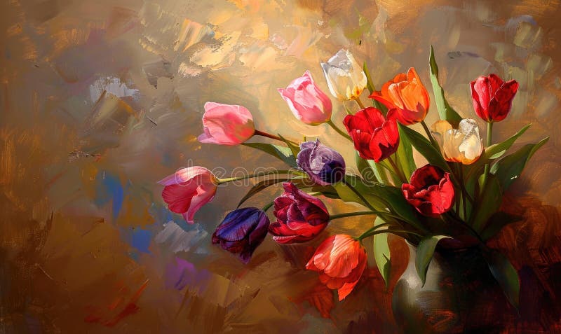 Tulips in Oil Painting, Rich Textures, Deep Colors Stock Photo - Image ...