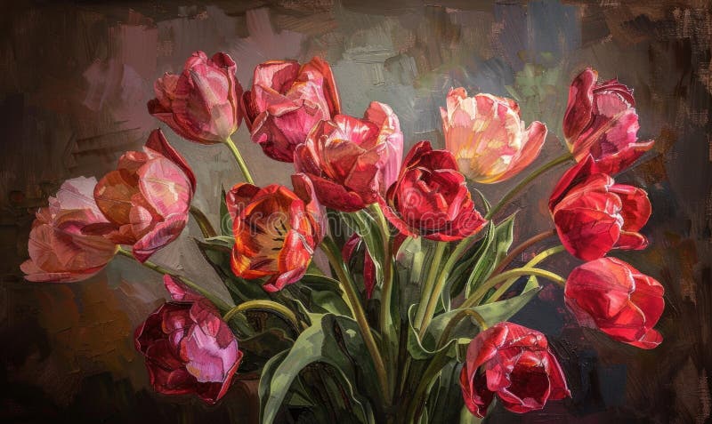 Tulips in Oil Painting, Rich Textures, Deep Colors Stock Photo - Image ...