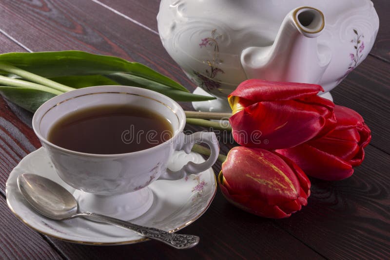 Tulips and tea. stock image. Image of decor, still, flowers - 91023115