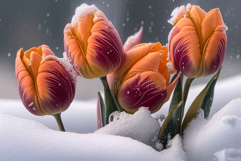 Tulips in the White Snow Close Up View - Generative AI Stock ...