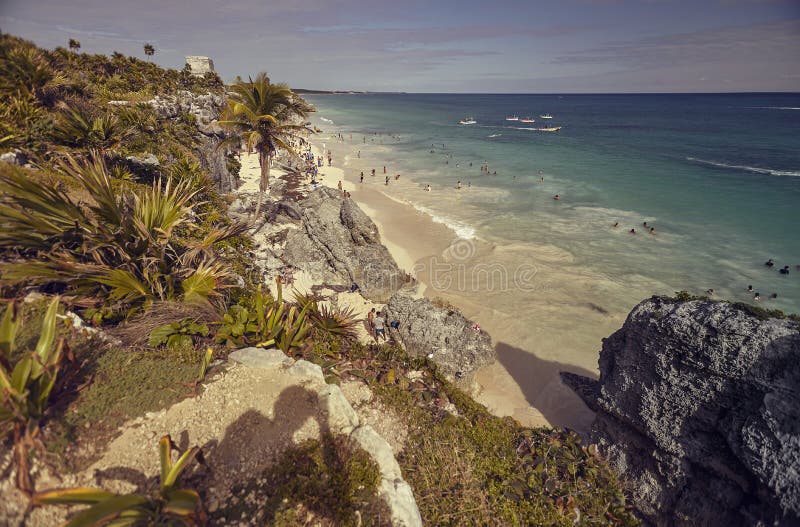 Tulum beach during sunset stock photo. Image of caribbean - 135673014