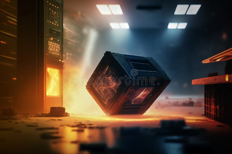 Tumbled Large Cube-shaped Computer in a Room with Computers Where a ...