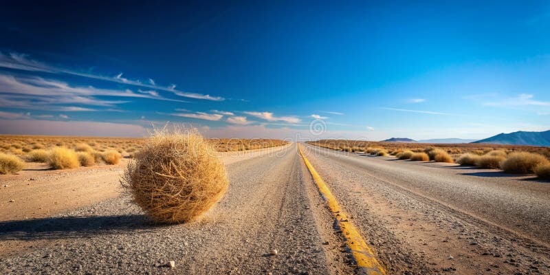 A Tumbleweed Rolling Over an Empty Desert Road Under a Clear Sky ...