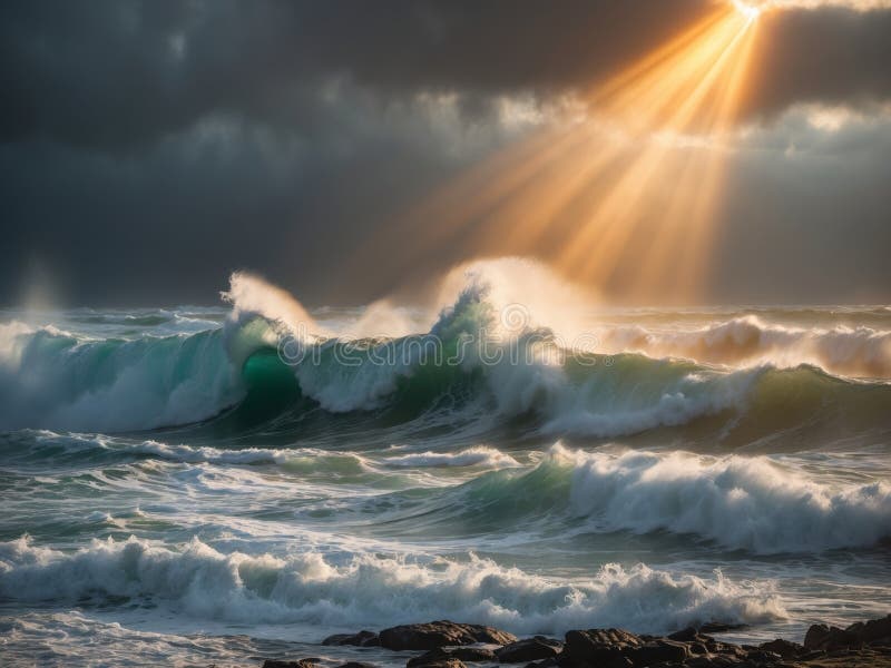Tumultuous Ocean Scene with Dramatic Light Stock Image - Image of ...