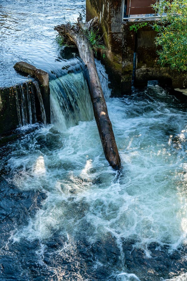 Rushing Water from a Waterfall Flowing into the Blue Sea Stock Photo ...
