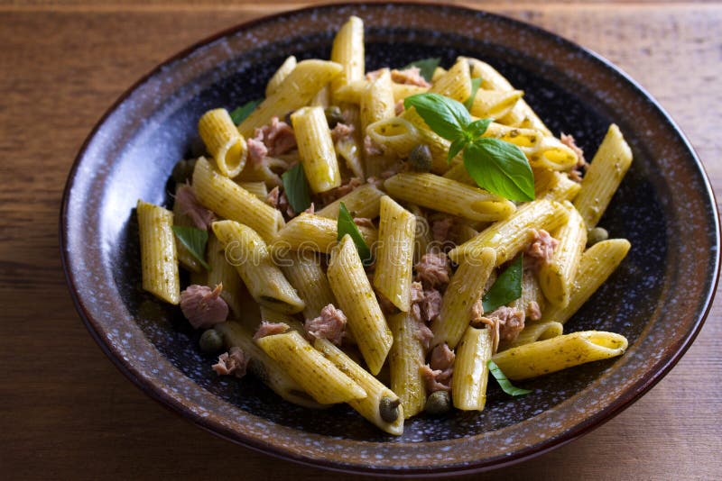 Tuna, Basil and Caper Penne. Pasta with Tuna Fish. Stock Image - Image ...