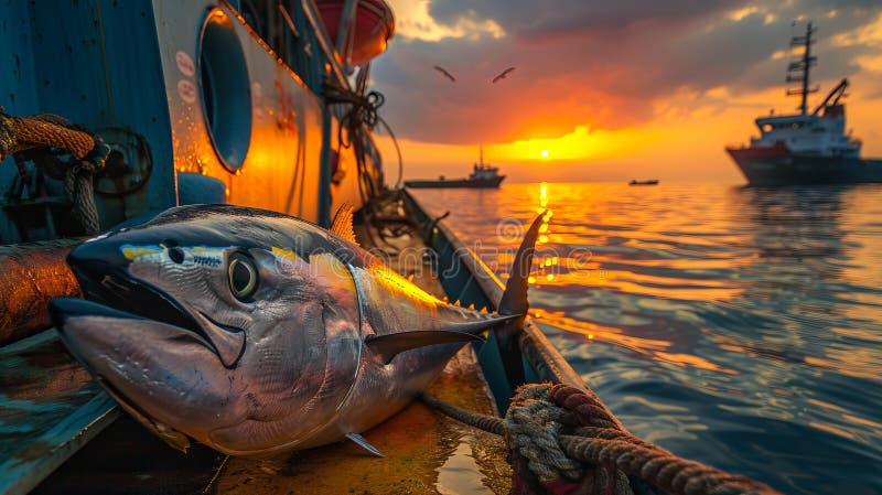 A Tuna Fish is on the Deck of a Boat at Sunset Stock Photo - Image of ...