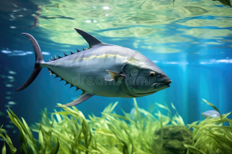 Tuna Fish Navigating through Artificial Seaweed in a Large, Rounded ...