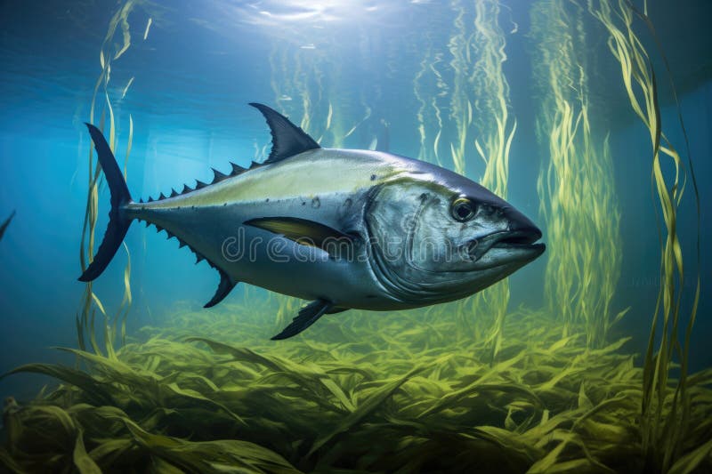 Tuna Fish Navigating through Artificial Seaweed in a Large, Rounded ...