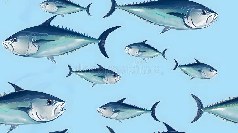 Tuna Fish Seamless Pattern on a Blue Background Stock Illustration ...