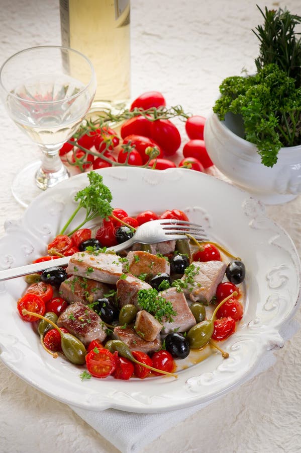 Tuna messinese recipe stock image. Image of caper, italian - 17700983