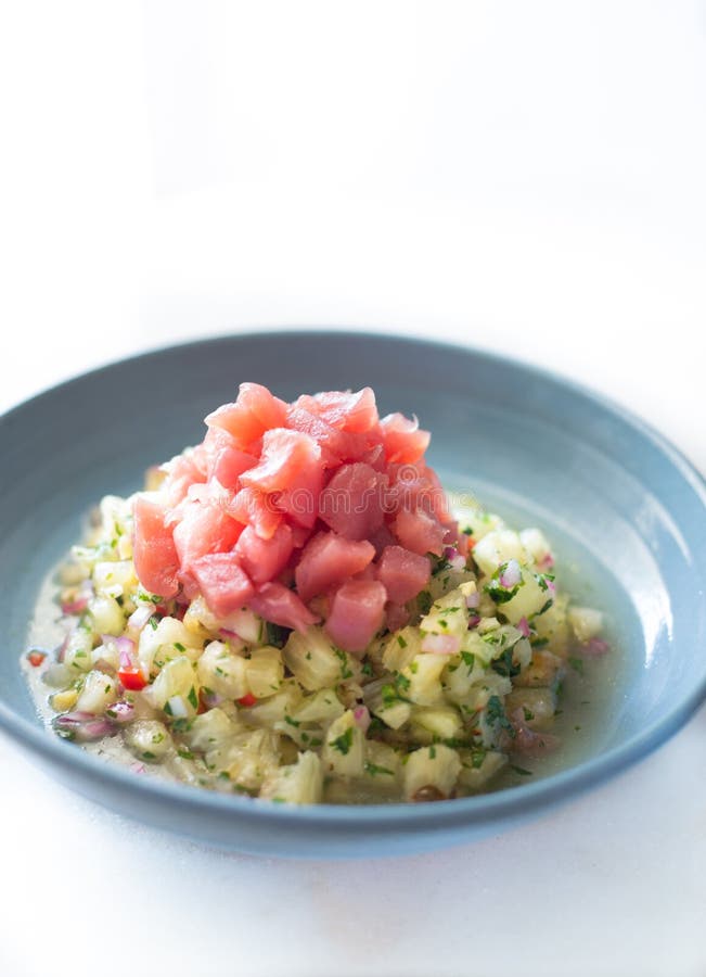 Tuna and Pineapple Brazilian Ceviche on a White Surface and Blue Dish ...
