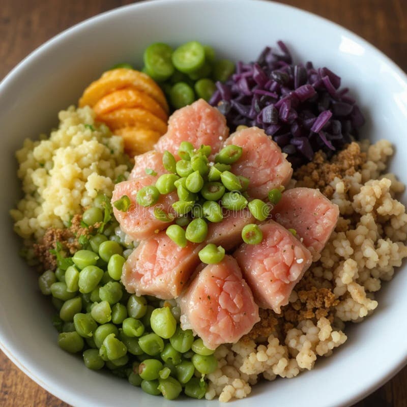 Tuna Poke Bowl with Brown Rice and Edamame Stock Illustration ...