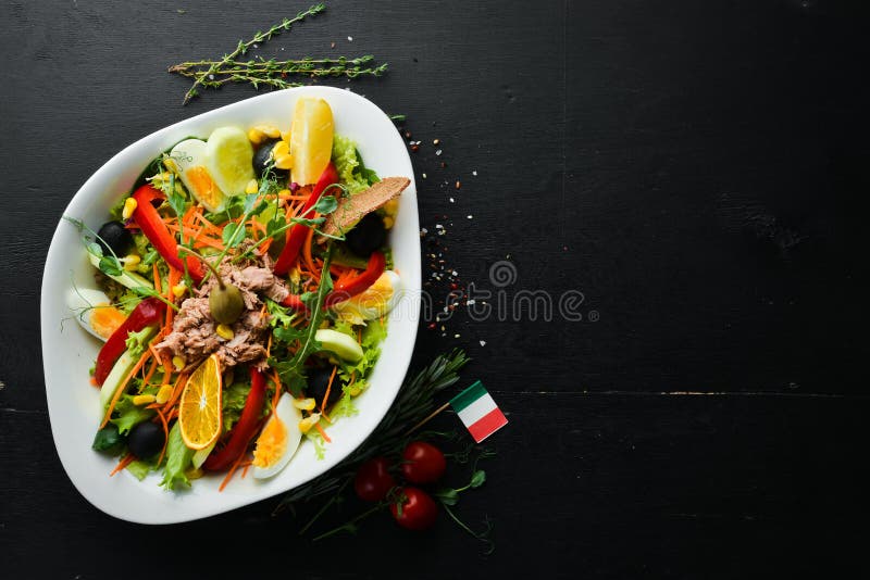 Tuna Salad. Tuna, Cucumber, Tomatoes, Cheese, Eggs. Top View. Stock ...