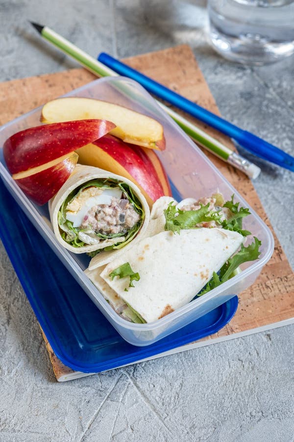 Tuna Salad Wraps in Lunch Box with Apple Stock Image - Image of lunch ...