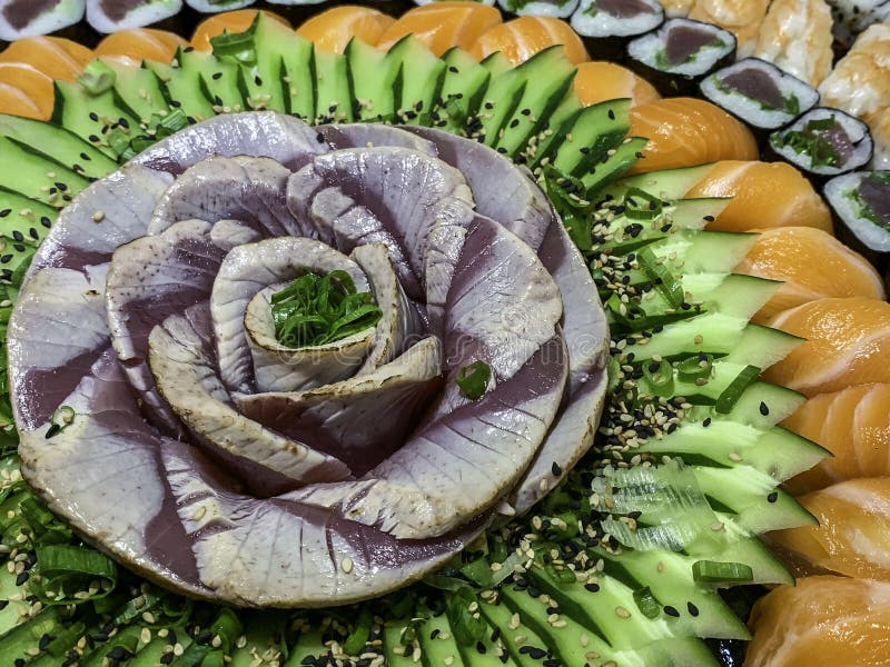 Tuna Sashimi Forming a Rose Flower in the Decoration of the Buffet in ...