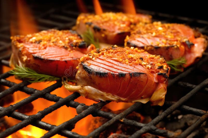 Tuna Steaks on Barbecue Grill with Flames Stock Photo - Image of ...