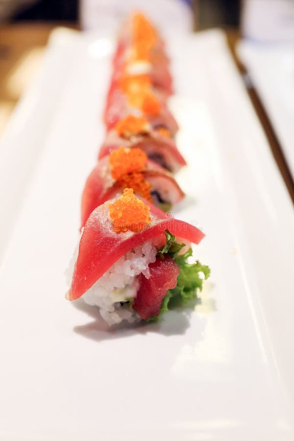 Tuna sushi with salmon row stock photo. Image of crab - 178314056
