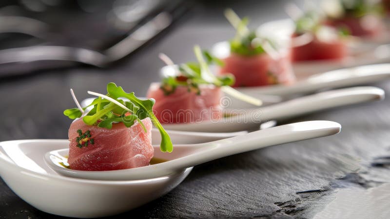 Tuna Tataki Elegantly Plated on Ceramic Spoons, Garnished with Yuzu ...