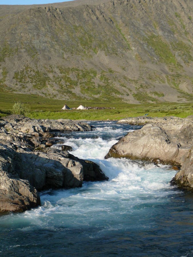 Tundra, Mountains, River and Clouds Stock Photo - Image of green ...