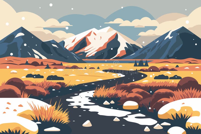 Tundra with Snowy Fields. Landscape with Mountains and River, Vector ...