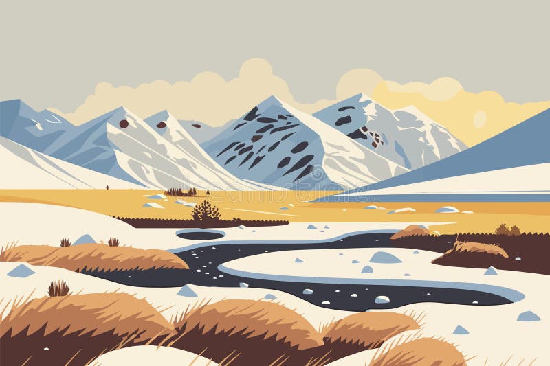 Tundra with Snowy Fields. Mountain Landscape with a River. Vector ...