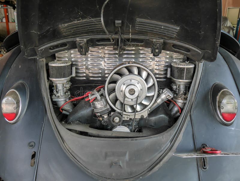 Tuned engine in an old car editorial stock photo. Image of beetle ...