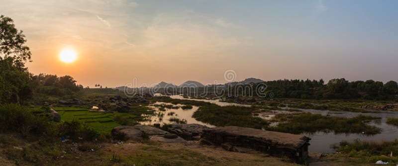 Tungabhadra River and Sunset Sky in Hampi, India Stock Image - Image of ...