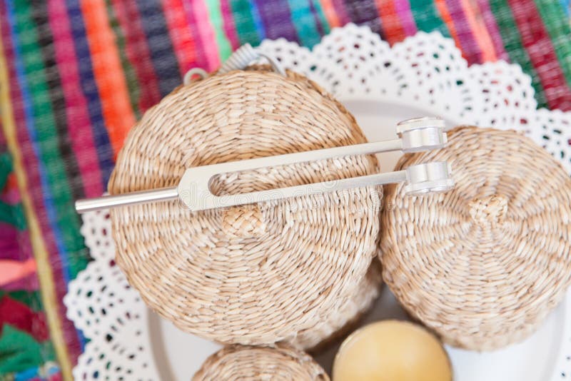 Tuning Fork and Crystal Stone on Table . Stock Image - Image of ...