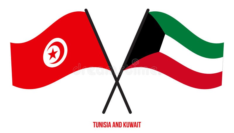 Tunisia and Kuwait Flags Crossed and Waving Flat Style. Official ...